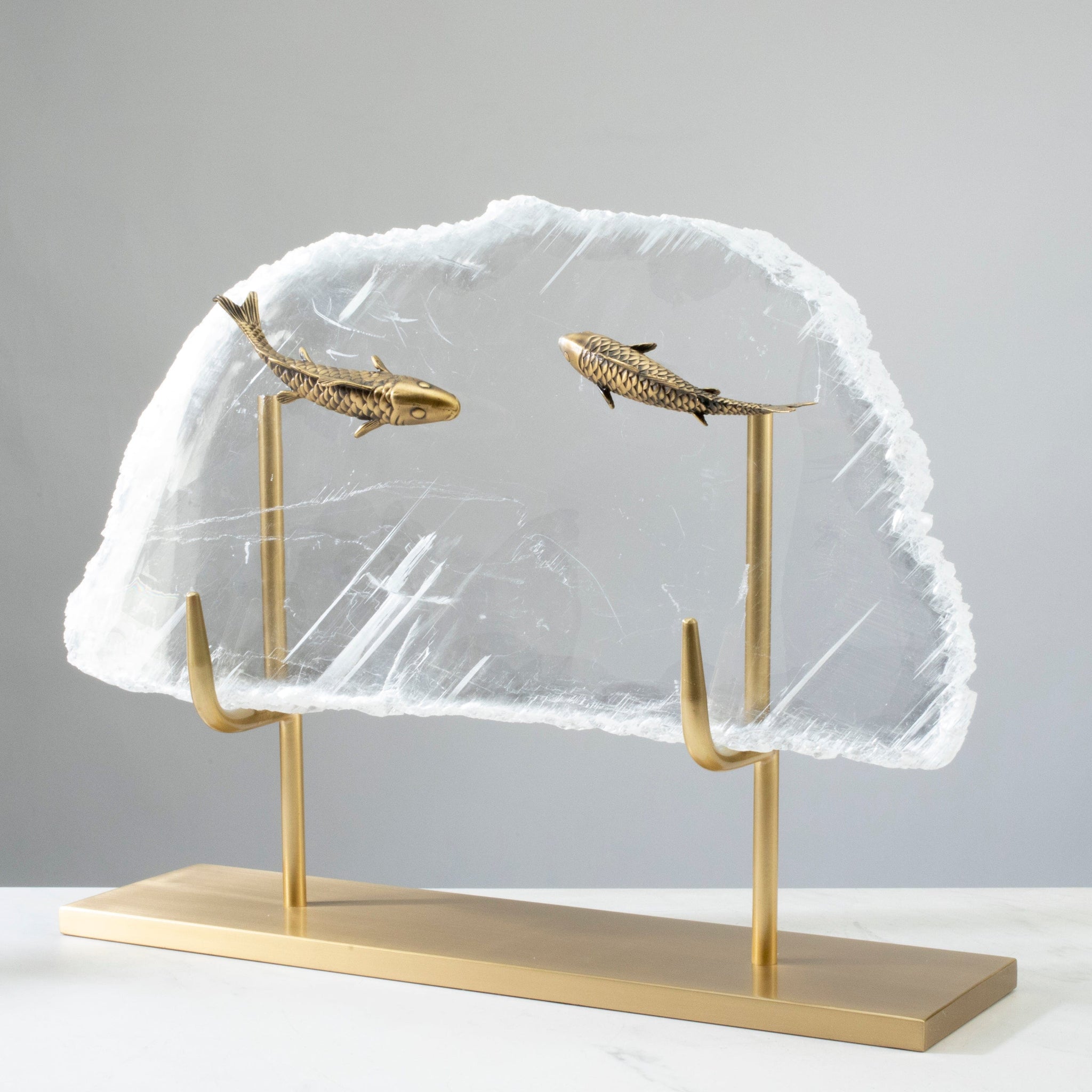 Fish on Selenite Slice with Brass Stand
