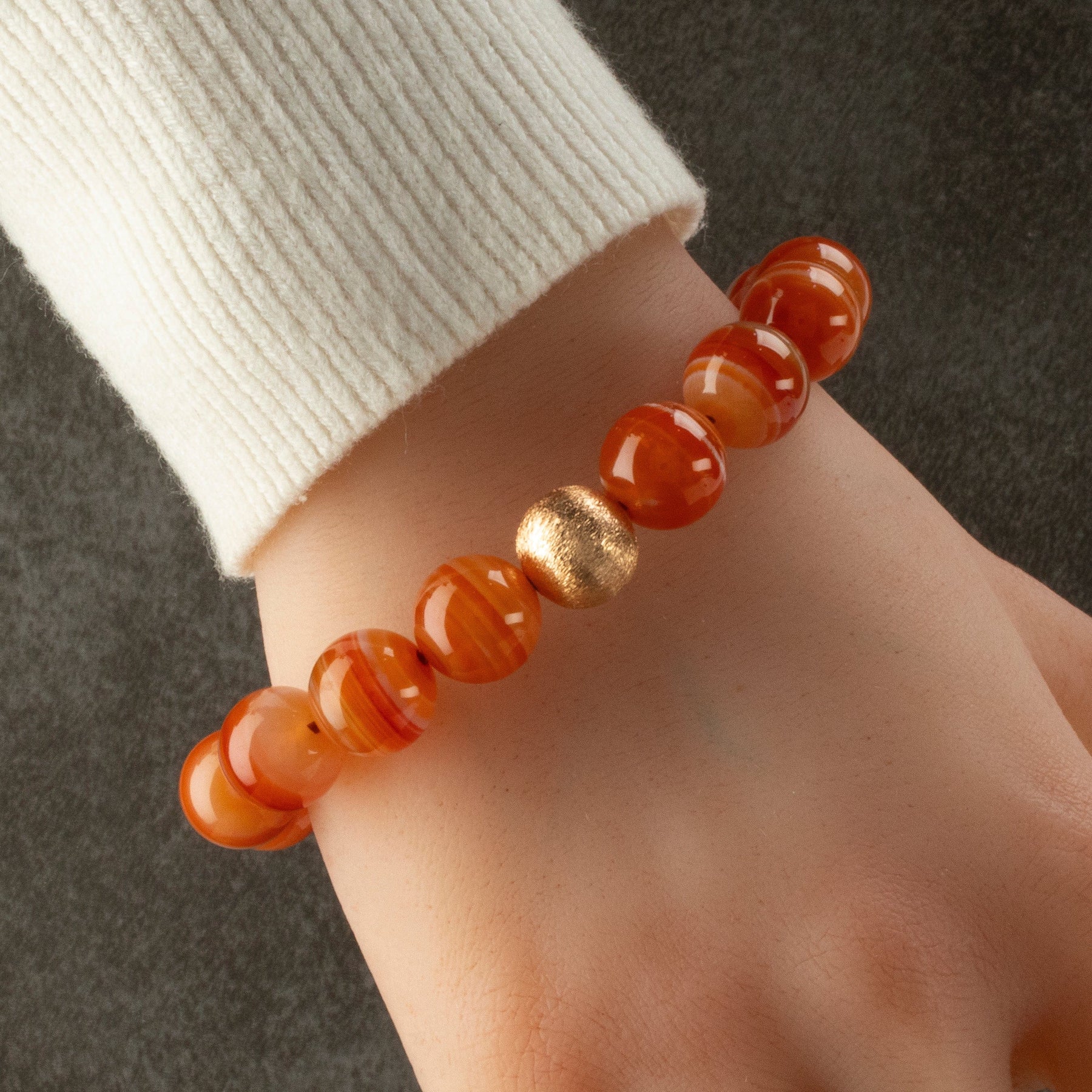 KALIFANO | Polished Banded Carnelian Gemstone Bead Elastic Bracelet