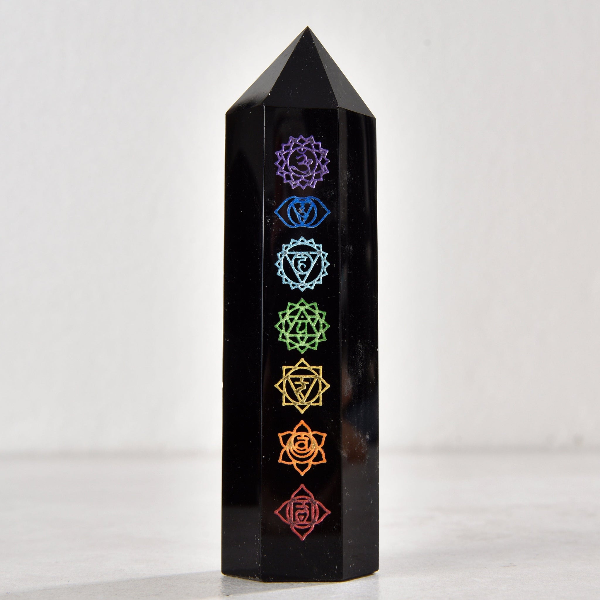 3.5" 7 Chakra Obsidian Obelisk Tower Gemstone Carving