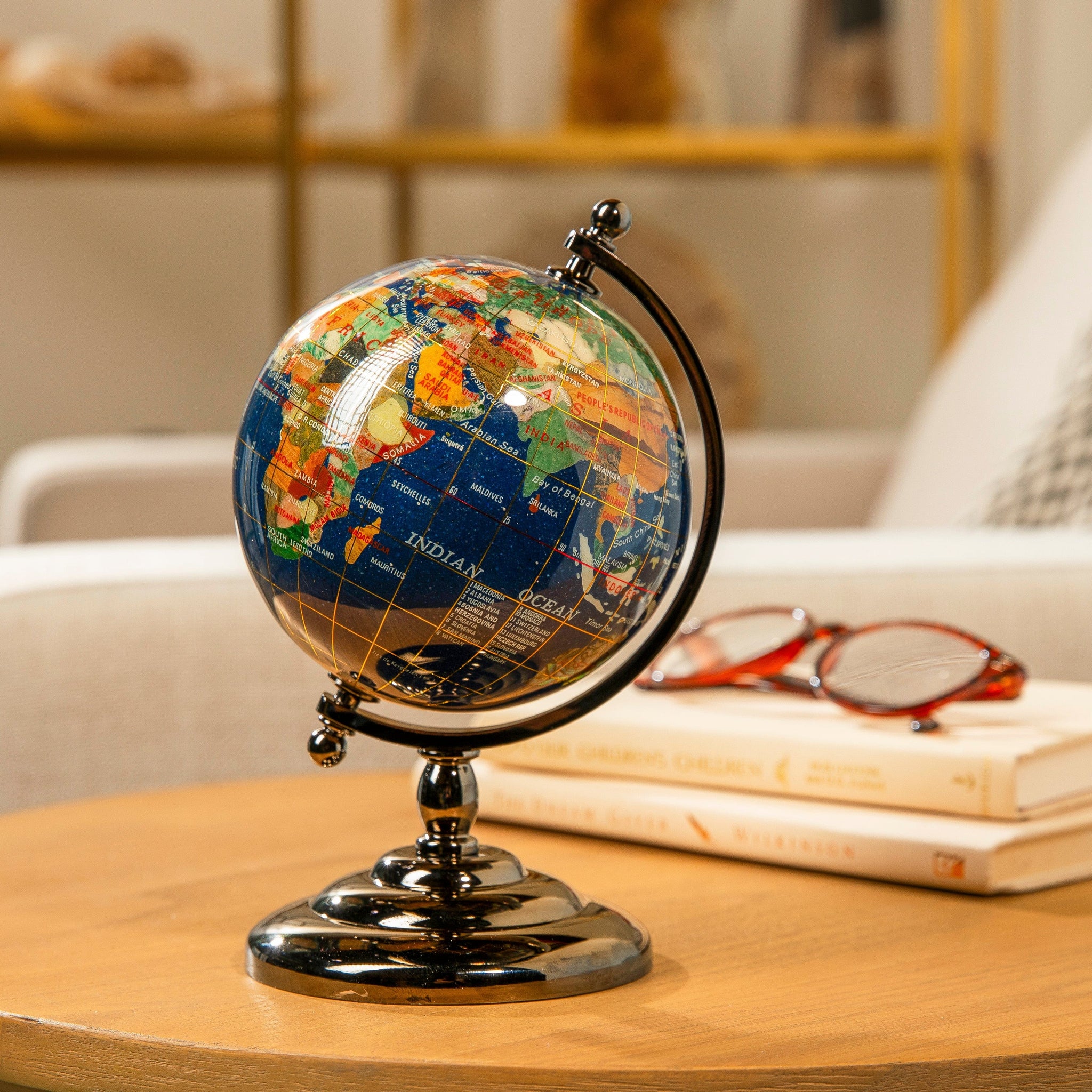 Gemstone Globe with Lapis Ocean on Gun Metal Stand | KALIFANO