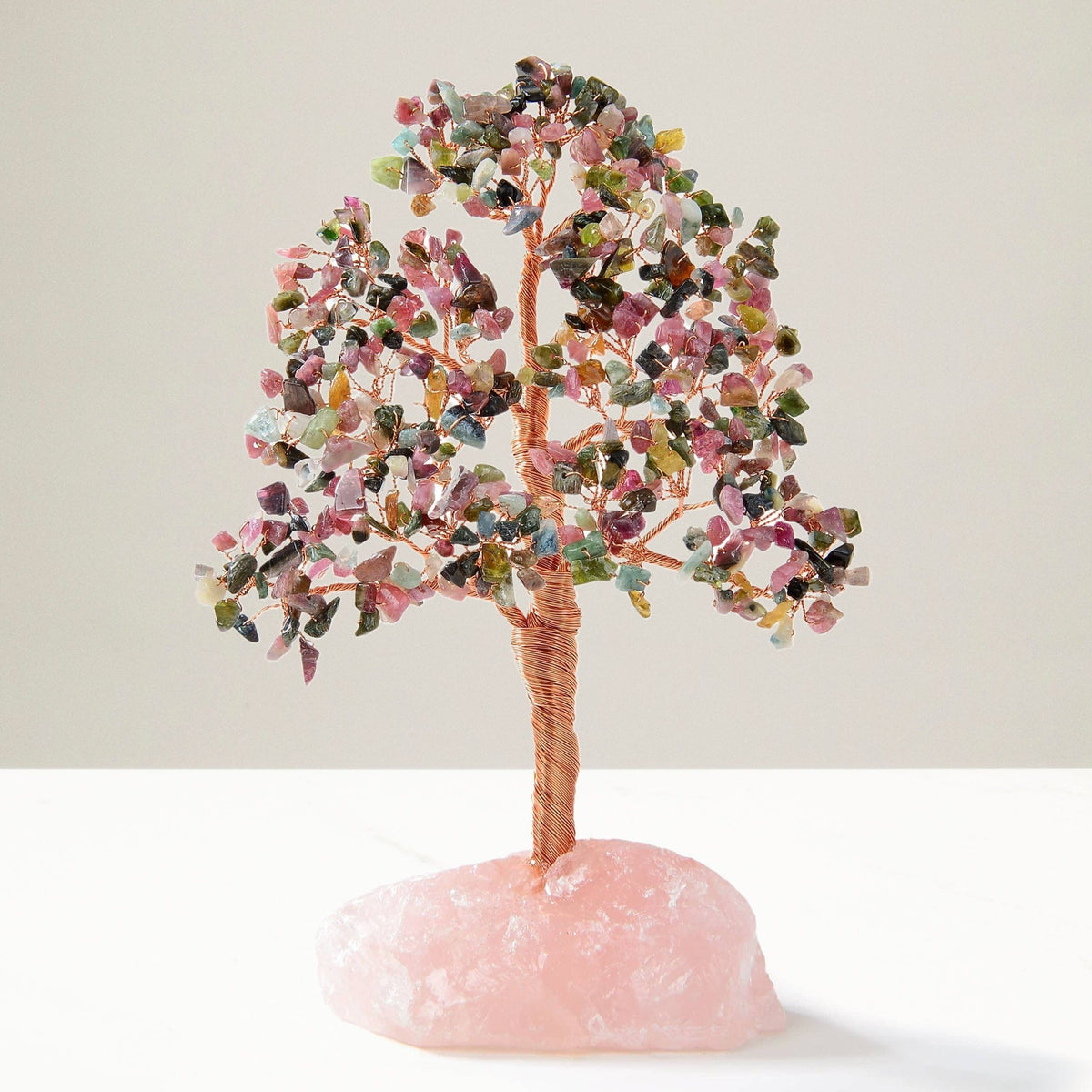 Tourmaline Gemstone Tree of Life on Rose Quartz Base | KALIFANO