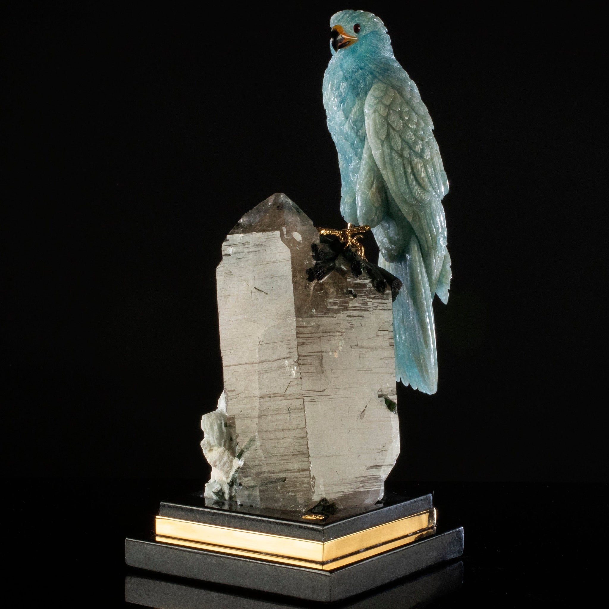 Peter Muller | Aquamarine Falcon Birds Carving on Quartz & Tourmaline Base