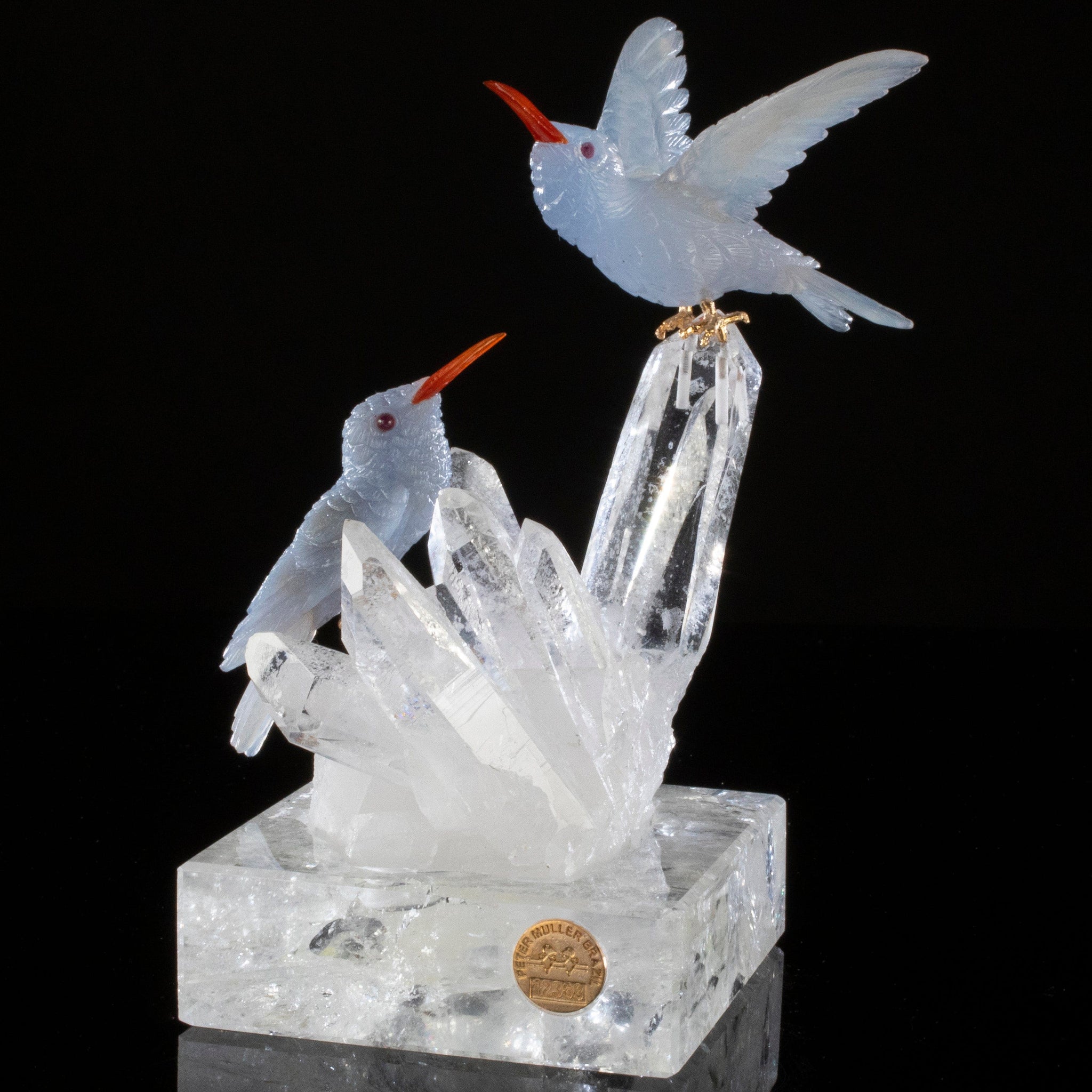 Peter Muller | Chalcedony Hummingbird Bird Carving on Quartz Point Cluster