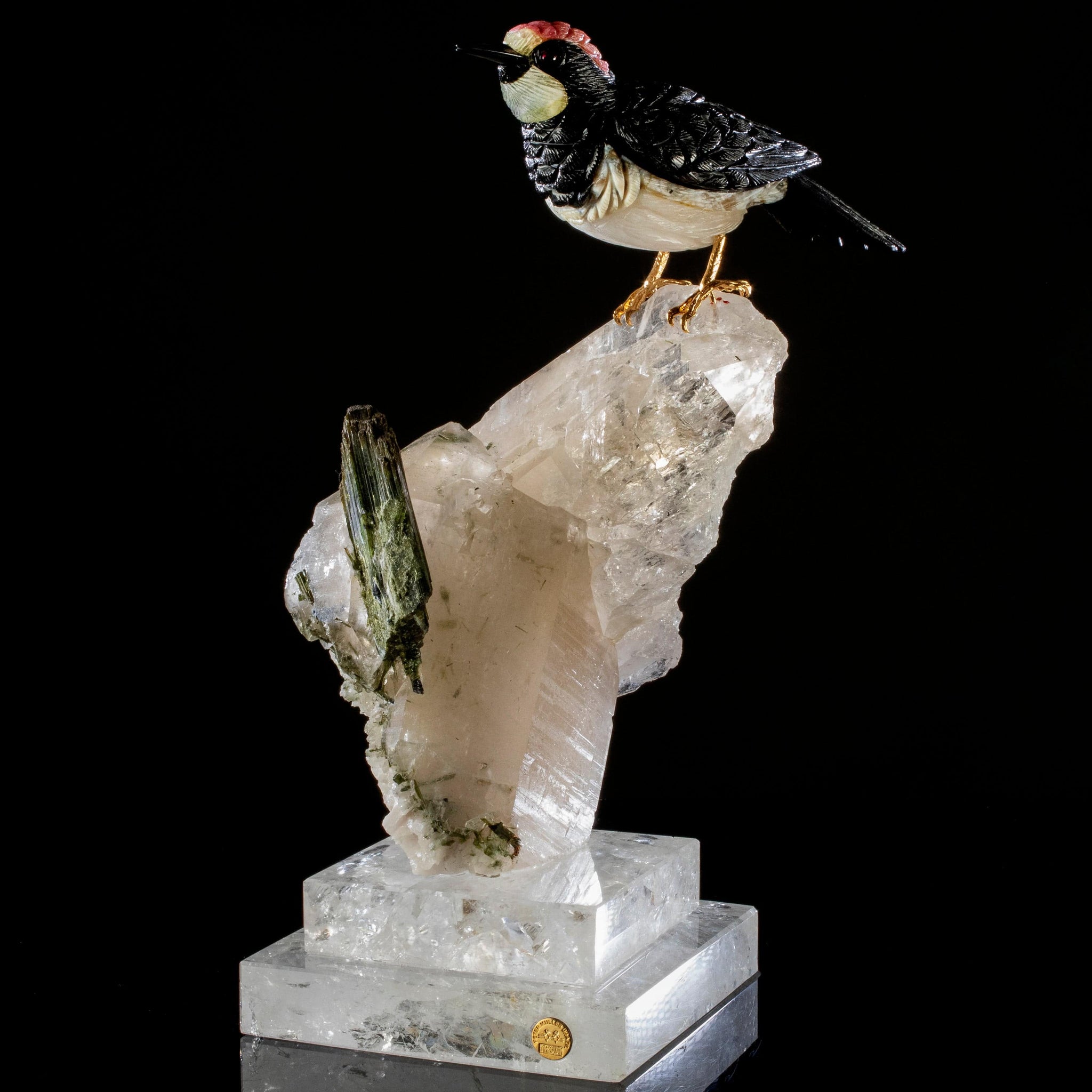 Peter Muller | Obsidian & Rhodochrosite Woodpecker Bird Carving on Quartz