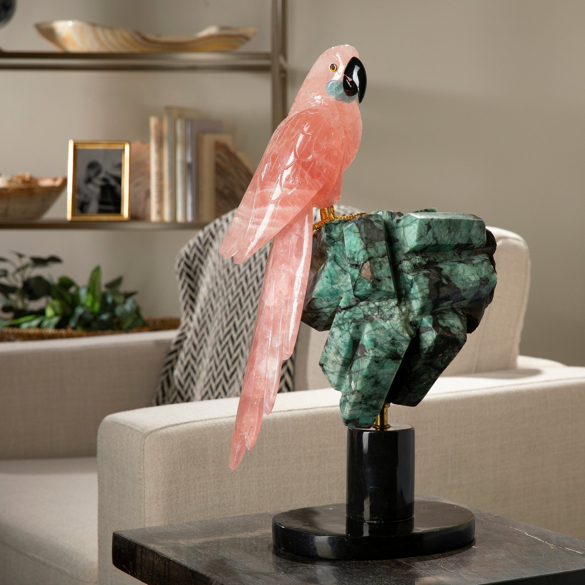 KALIFANO | Rose Quartz Parrot on Ruby Base Gemstone Bird Carving - 21"