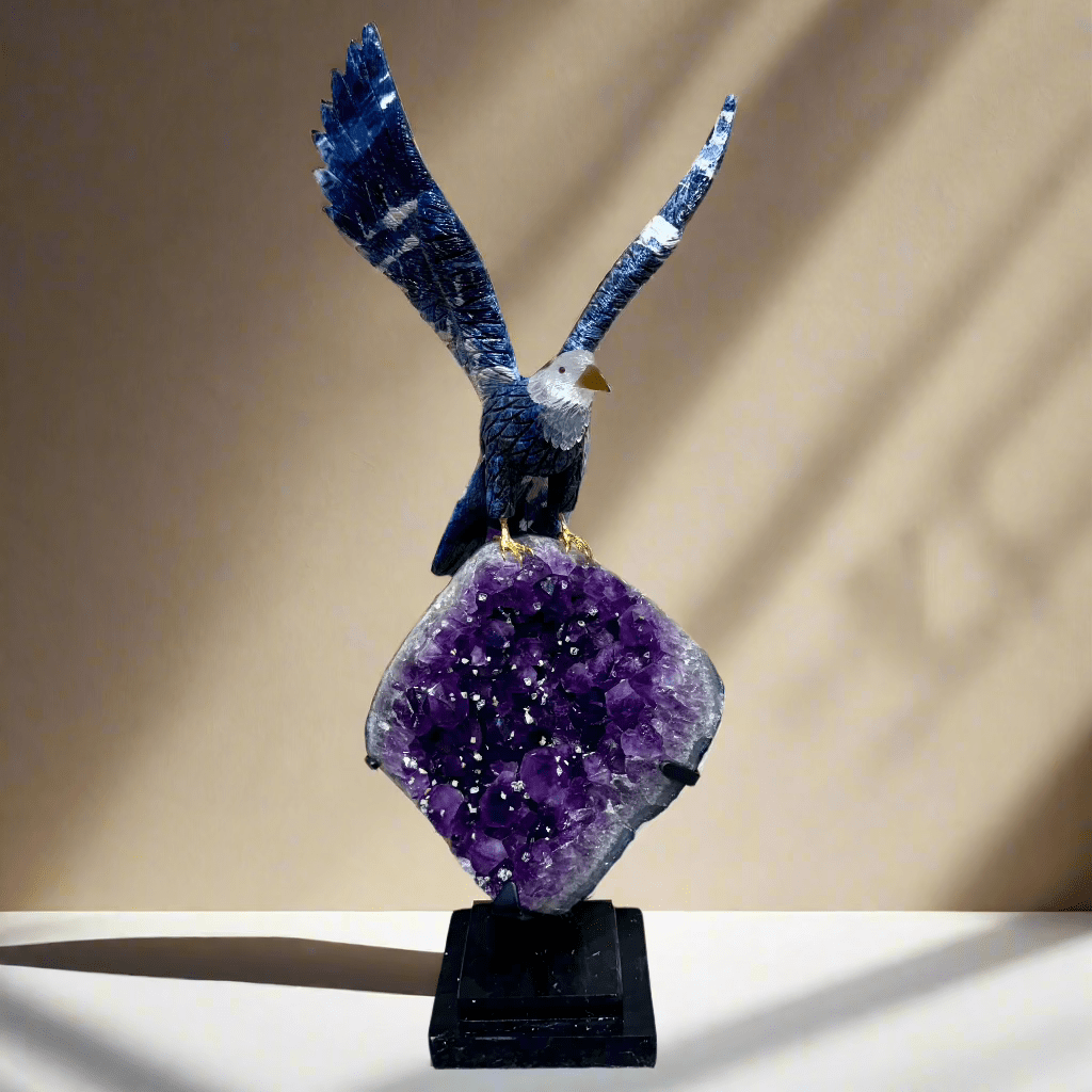 Sodalite & Quartz Eagle Carving on Brazilian Amethyst Geode | KALIFANO