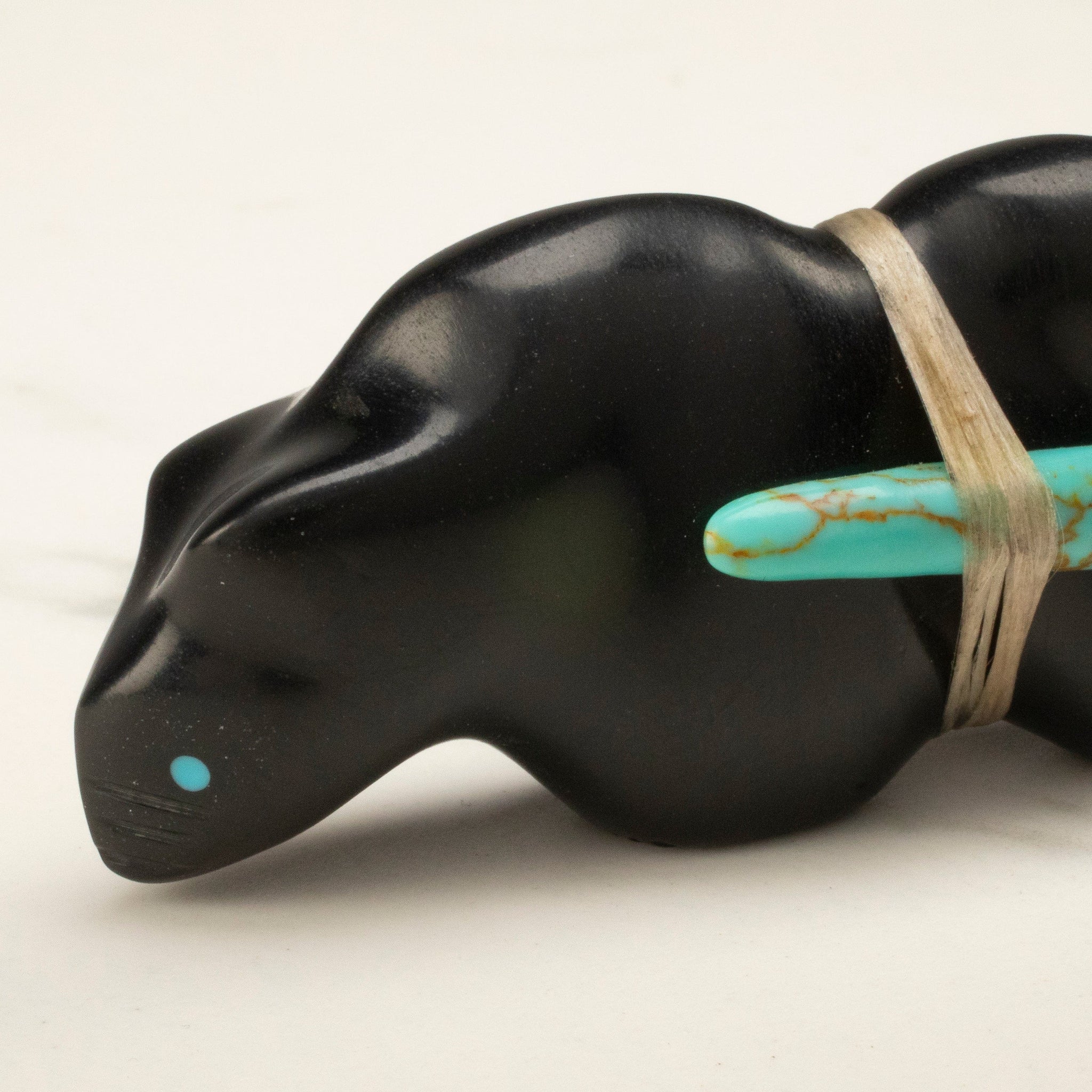 KALIFANO | Herbert Halate Jet & Turquoise Zuni Fetish Bobcat Carving
