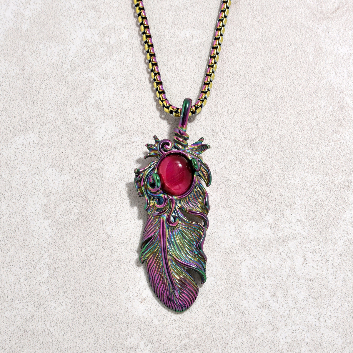 KALIFANO | Stainless Steel Aurora Borealis Pink Tiger Eye Feather Steel ...