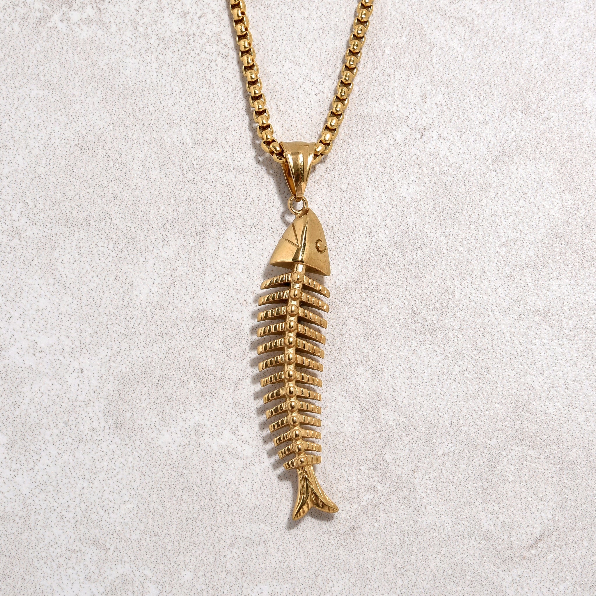 KALIFANO | Stainless Steel Gold Fish Bone Steel Hearts 20" Necklace