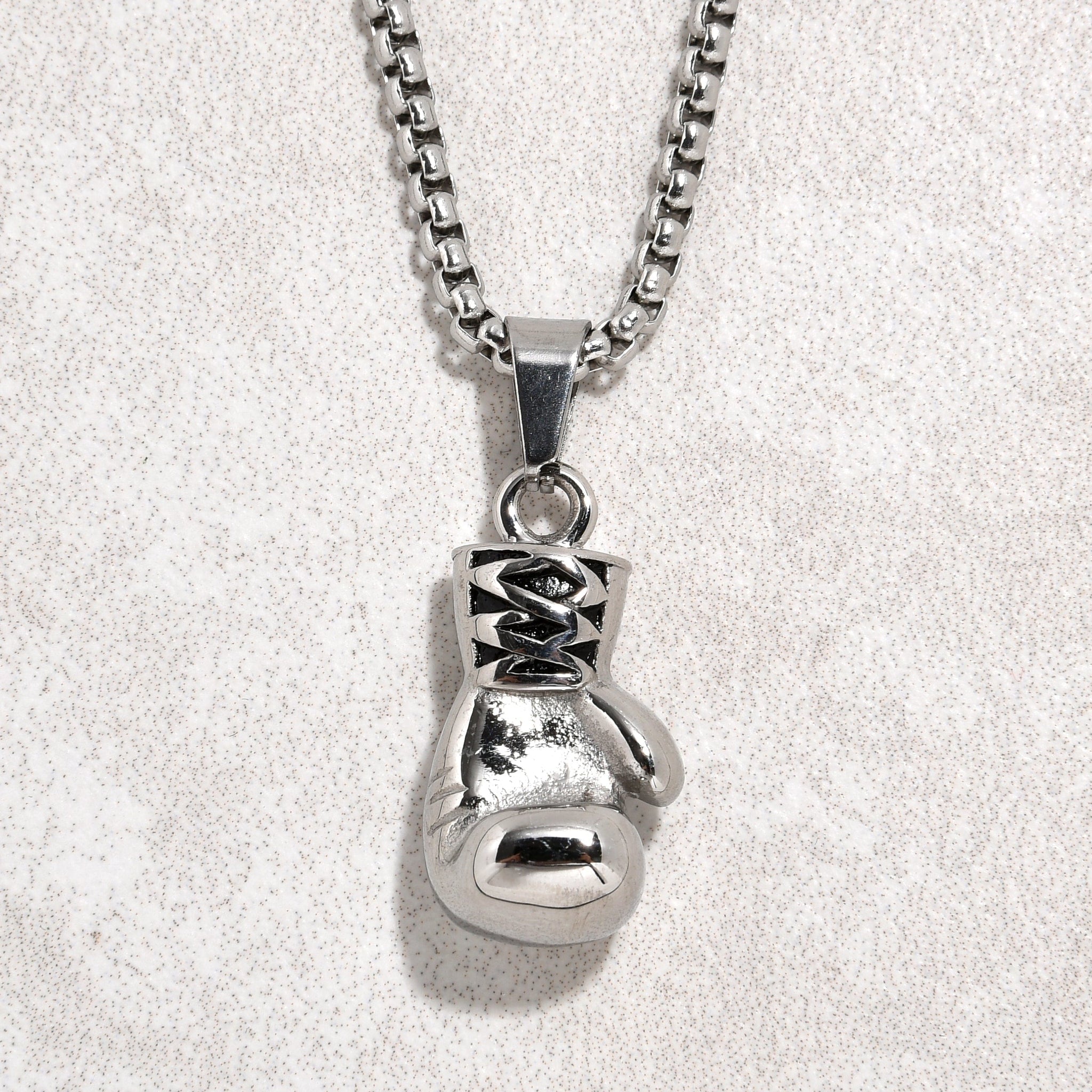 KALIFANO | Stainless Steel Silver Boxing Gloves Steel Hearts 20" Necklace