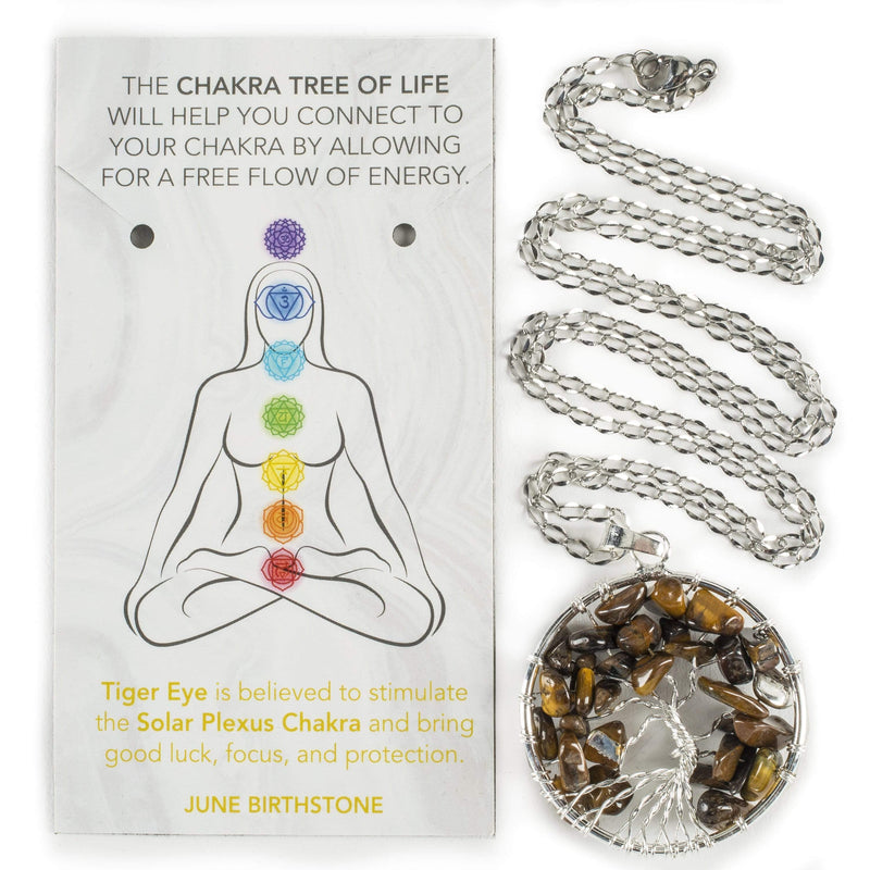 Tiger Eye Chakra Gemstone Tree of Life Necklace & Stainless Steel Chai ...