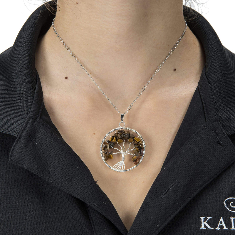 Tiger Eye Chakra Gemstone Tree of Life Necklace & Stainless Steel Chai ...