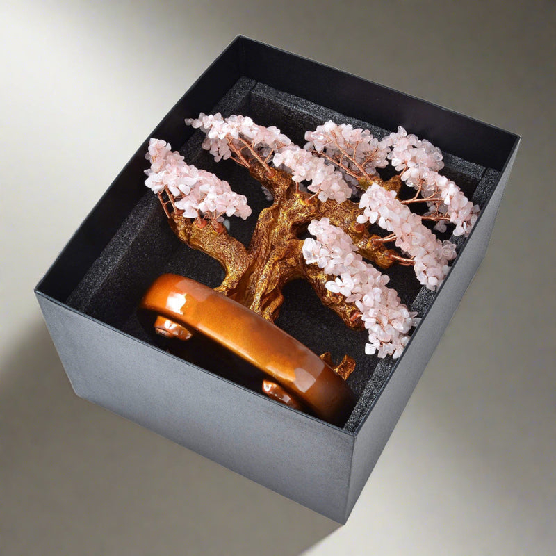 Rose Quartz Gemstone Tree of Life with Resin & Wood Base | KALIFANO